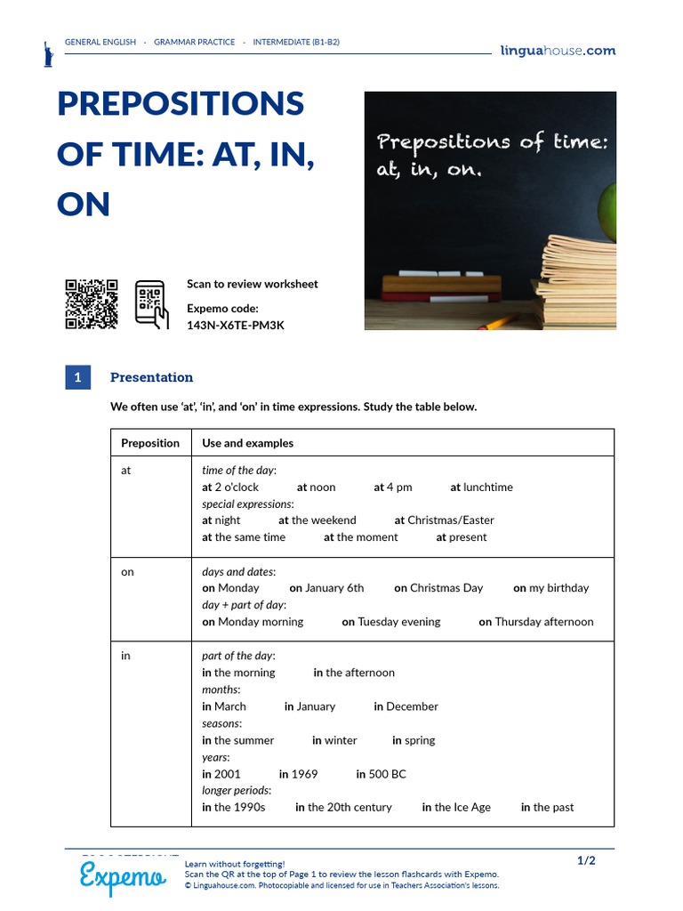 Preposition of Time Exercises in On at American English | PDF