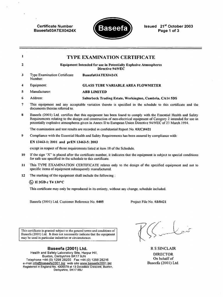 Baseefa 03 ATEX 0424X | PDF