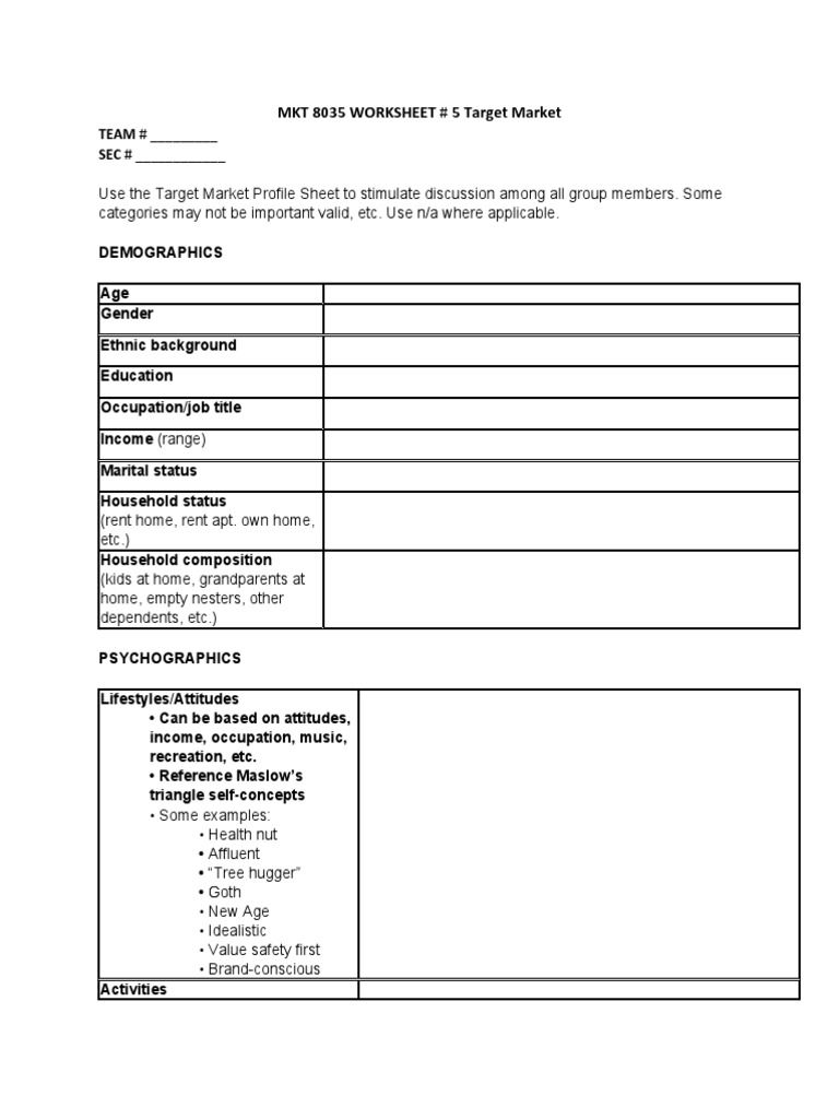MKT 8035 WORKSHEET # 5 Target Market | PDF