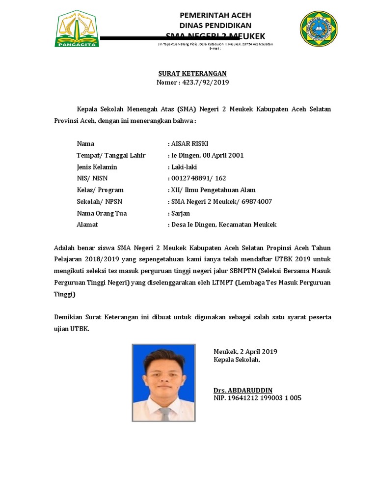 Surat Keterangan Siswa UTBK | PDF