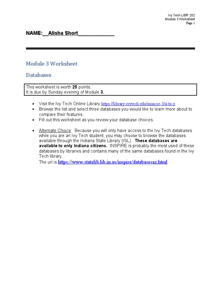 Module 3 Worksheet Databases: NAME: - Alisha Short | PDF | Libraries ...