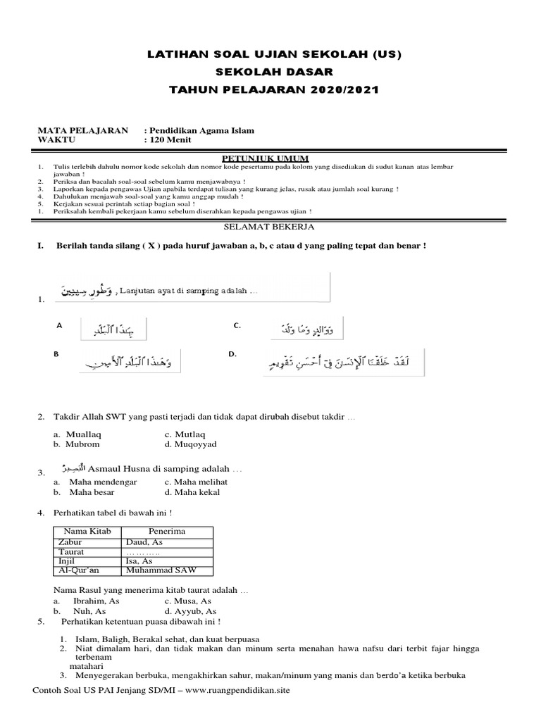 Latihan Soal Ujian Sekolah (Us) Sekolah Dasar TAHUN PELAJARAN 2020/2021 | PDF