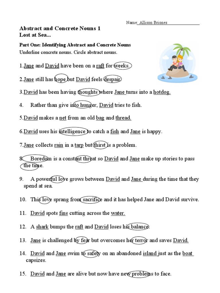 Abstract and Concrete Nouns Worksheet | PDF