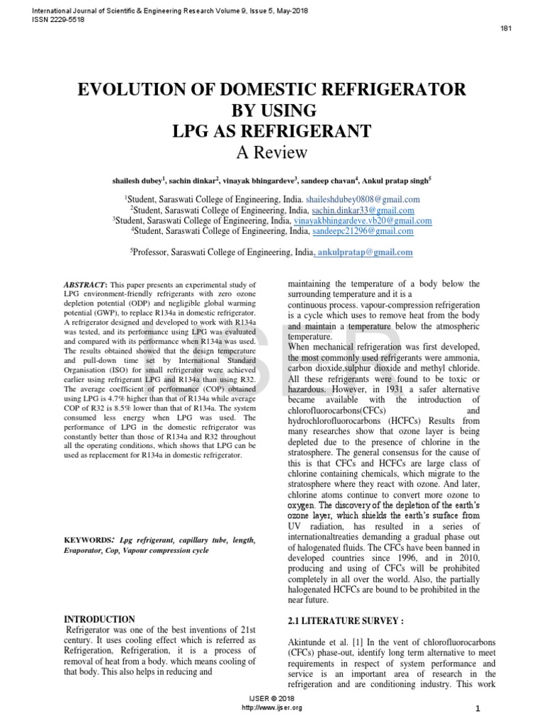 Ijser: Evolution of Domestic Refrigerator by Using LPG As Refrigerant | PDF | Chlorofluorocarbon ...