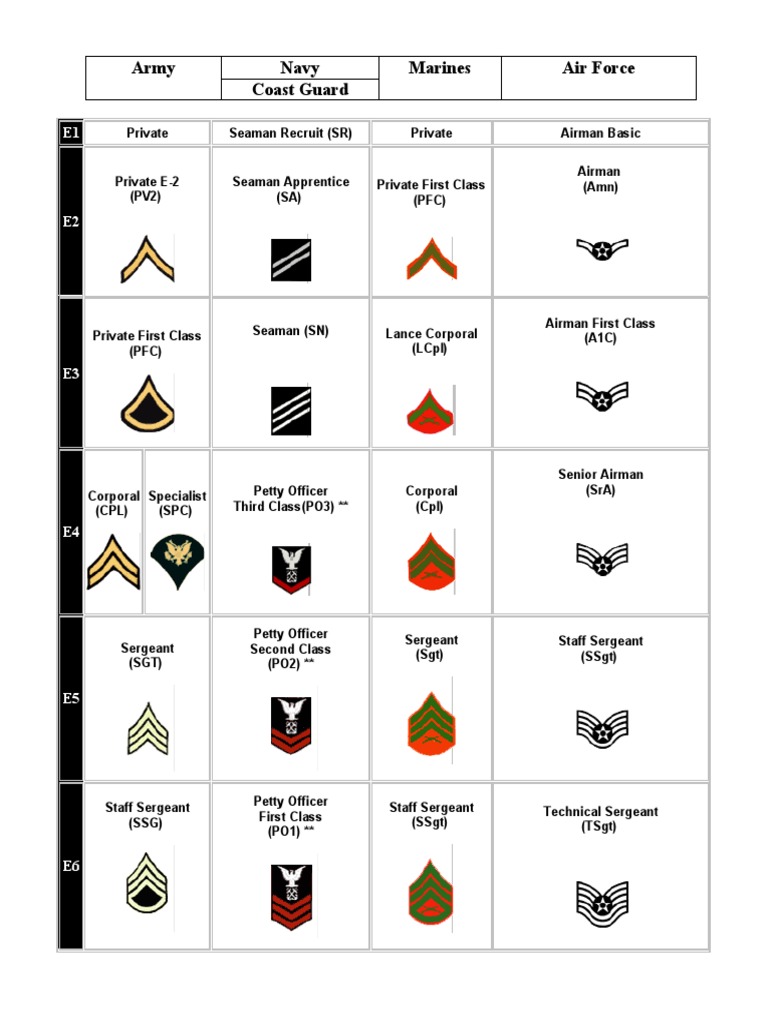 Military Ranks: E1-E9 Across Branches | PDF | Staff Sergeant | Sergeant