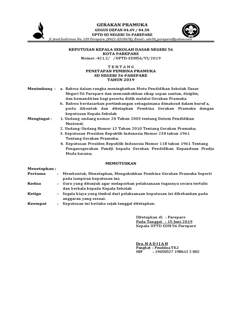 Contoh SK PRAMUKA 2019 | PDF