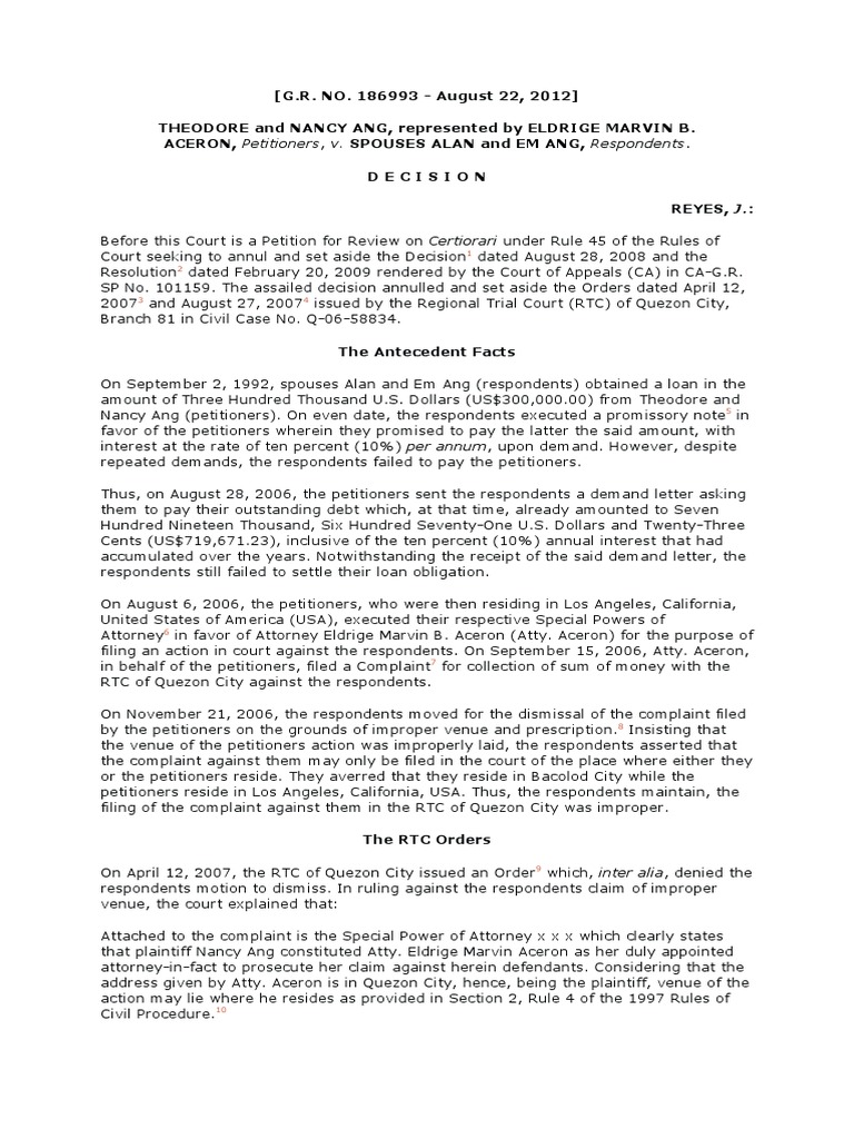 Theodore and Nancy Ang, Represented by Eldrige Marvin B. Aceron ...