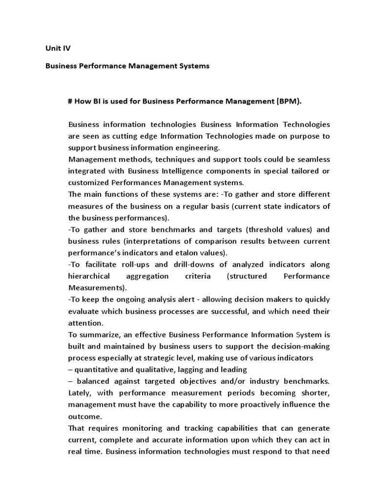 Unit IV Business Performance Management Systems | PDF | Business ...