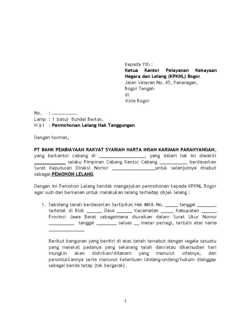 Surat Permohonan Lelang - KPKNL | PDF