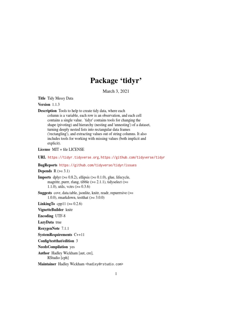 Package Tidyr': March 3, 2021 | PDF | Parameter (Computer Programming) | Computer Data