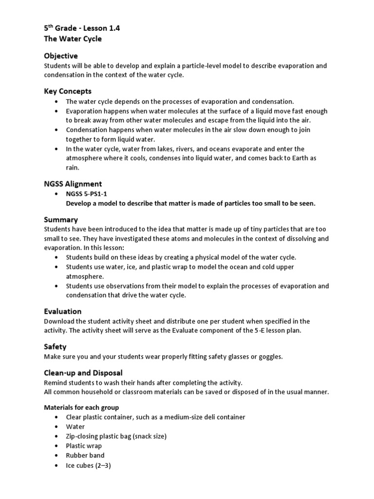 5 Grade - Lesson 1.4 The Water Cycle Objective | PDF | Evaporation ...