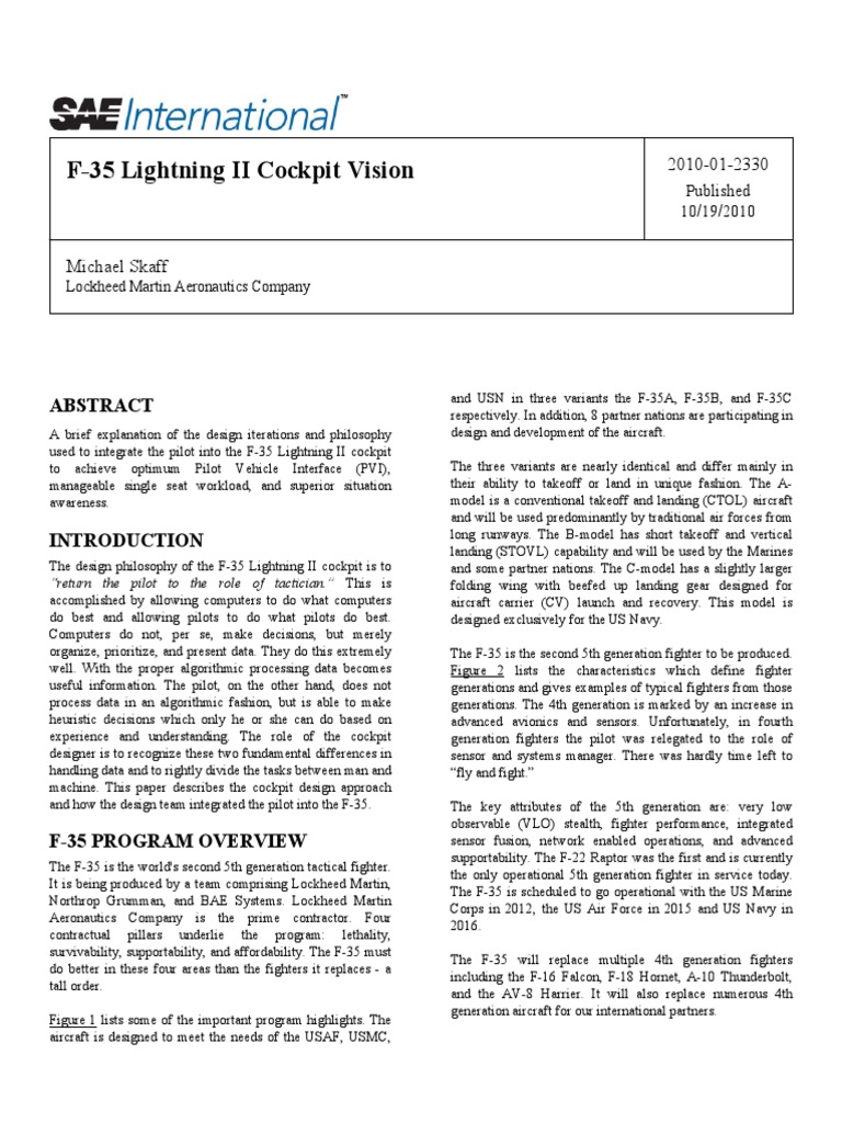 F-35 Lightning II Cockpit Vision: Lockheed Martin Aeronautics Company ...