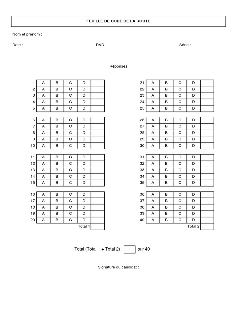 Feuille Réponses Code de la Route | PDF | Méthodes et références ...