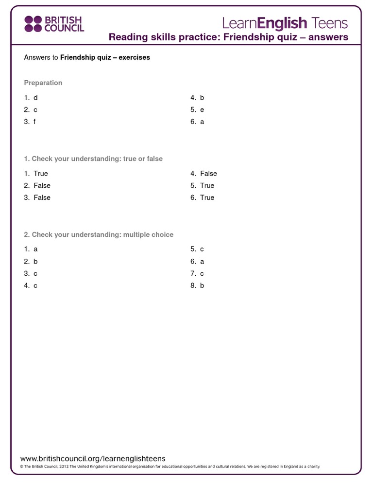 Friendship Quiz Answers Guide | PDF