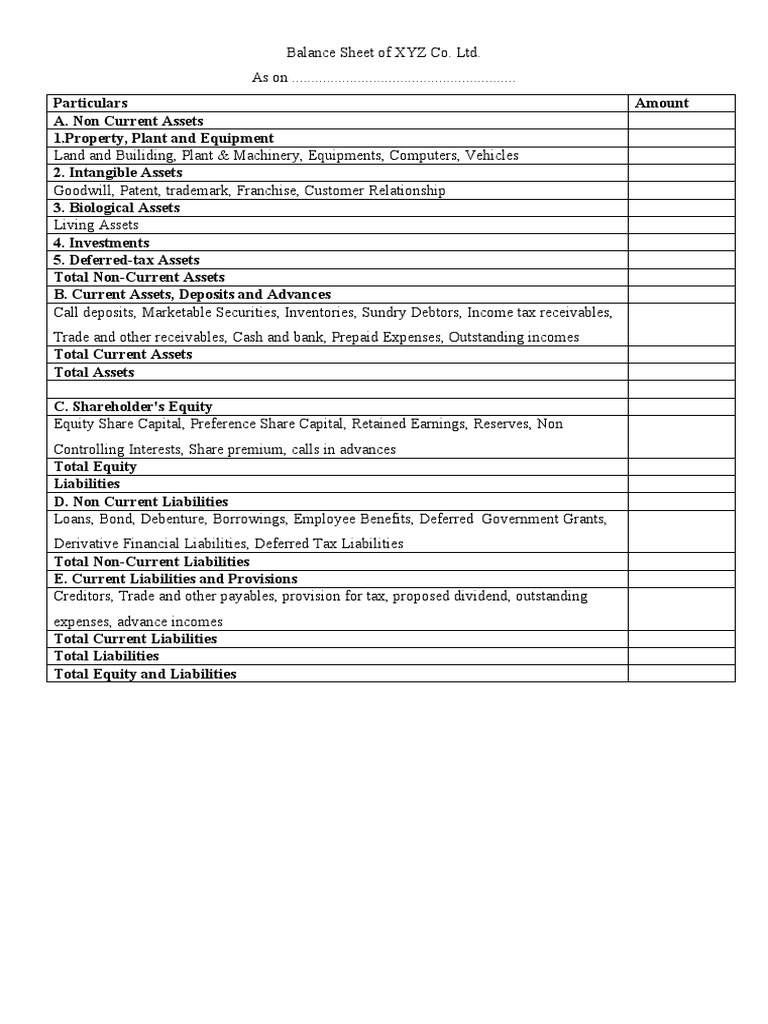 Balance Sheet of XYZ Co | PDF