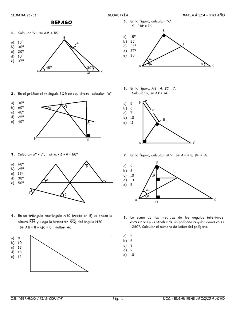Geometría: Repaso y práctica calificada de conceptos geométricos | PDF ...