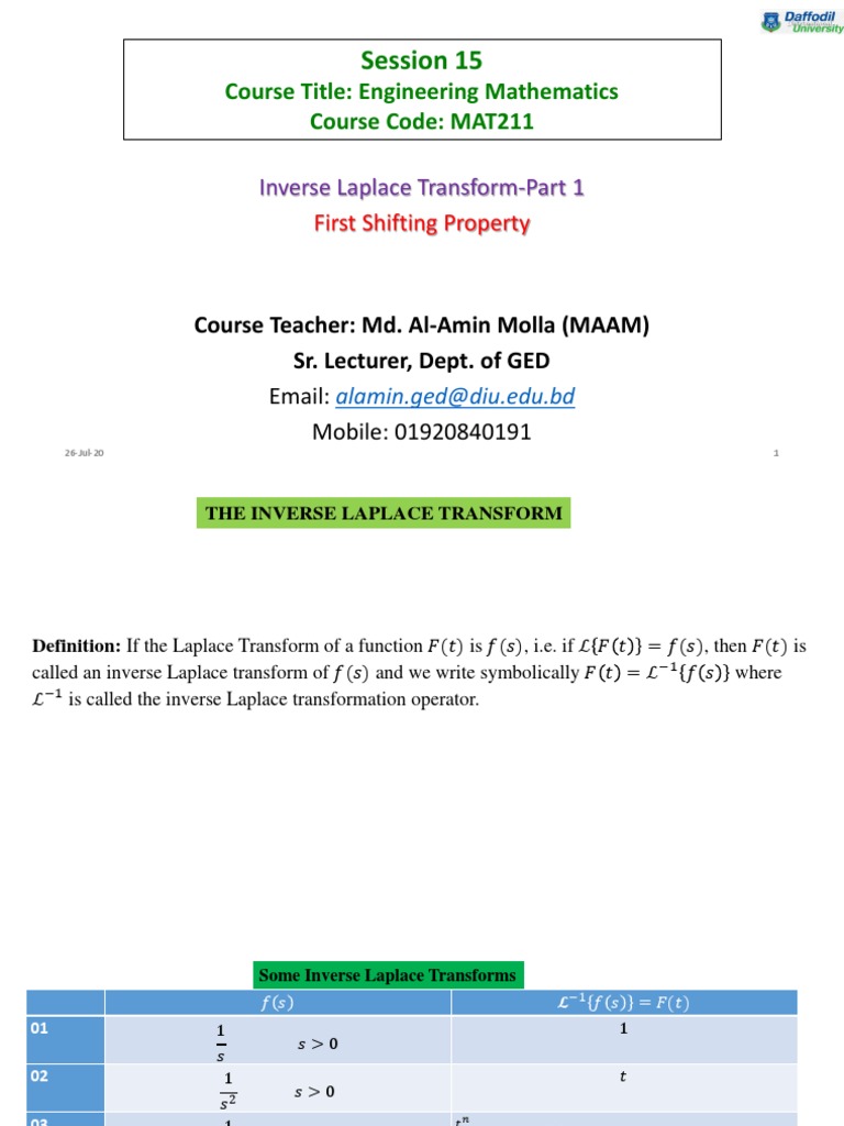 Inverse Laplace Transforms - Part 1: First Shifting Property | PDF ...