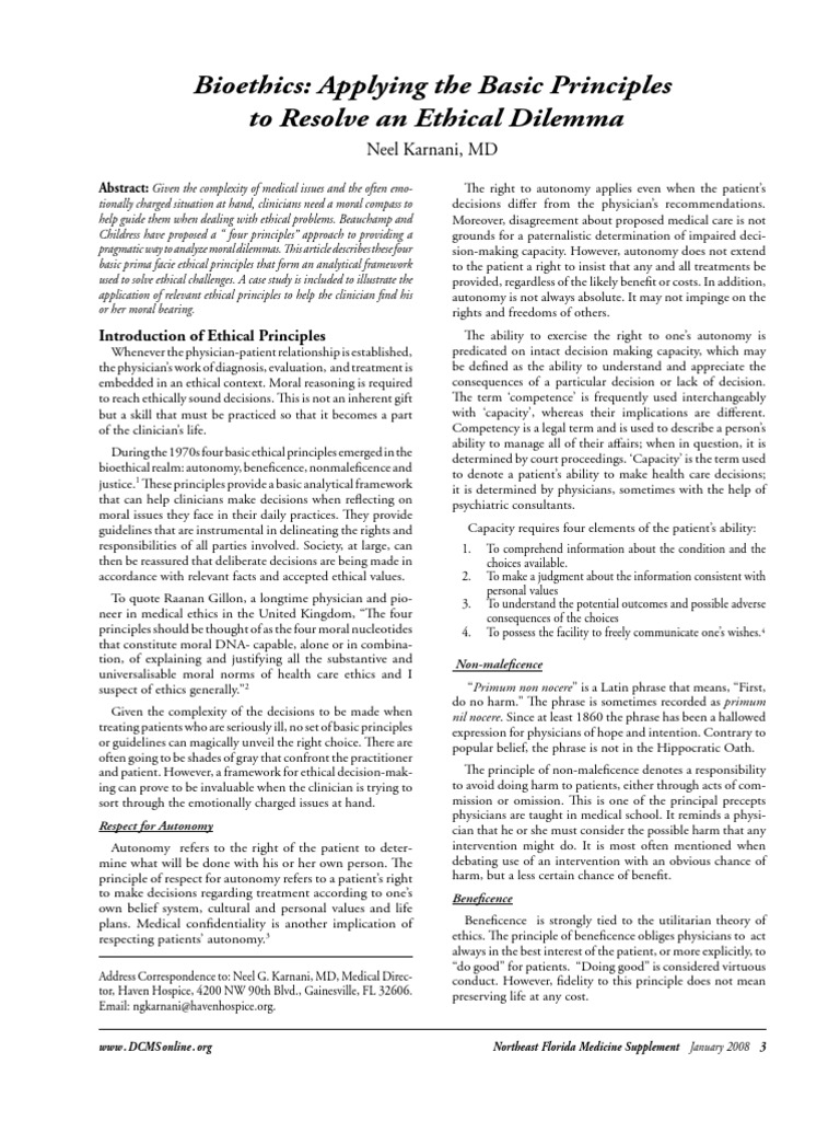 Applying The Four Principles of BioEthics | PDF | Autonomy | Medical Ethics