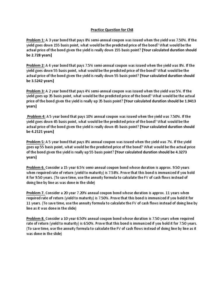 Bond Duration and Immunization Practice Problems | PDF | Bond Duration ...