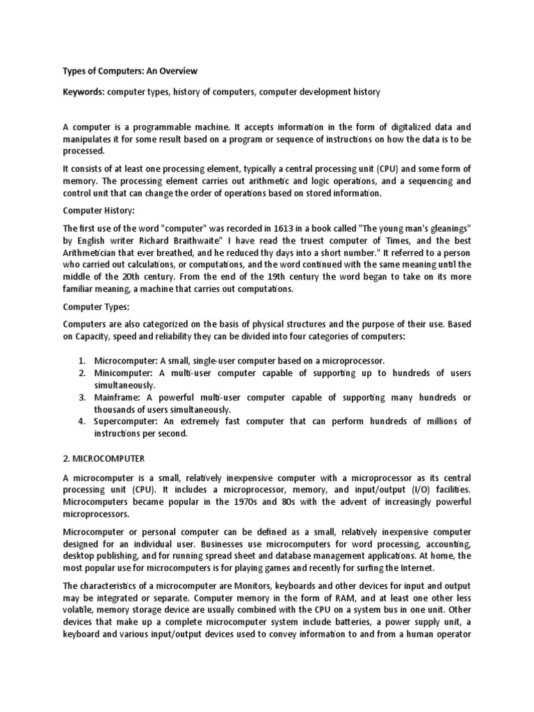 Types of Computers | PDF | Microcomputers | Personal Digital Assistant