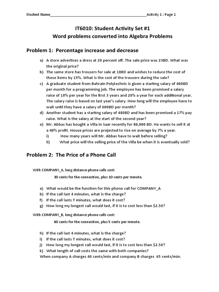 IT6010: Student Activity Set #1 Word Problems Converted Into Algebra ...