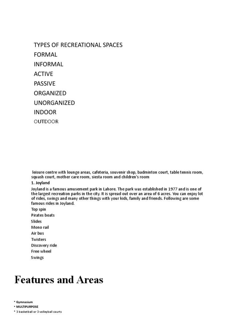 Types of Recreational Spaces Formal Informal Active Passive Organized ...