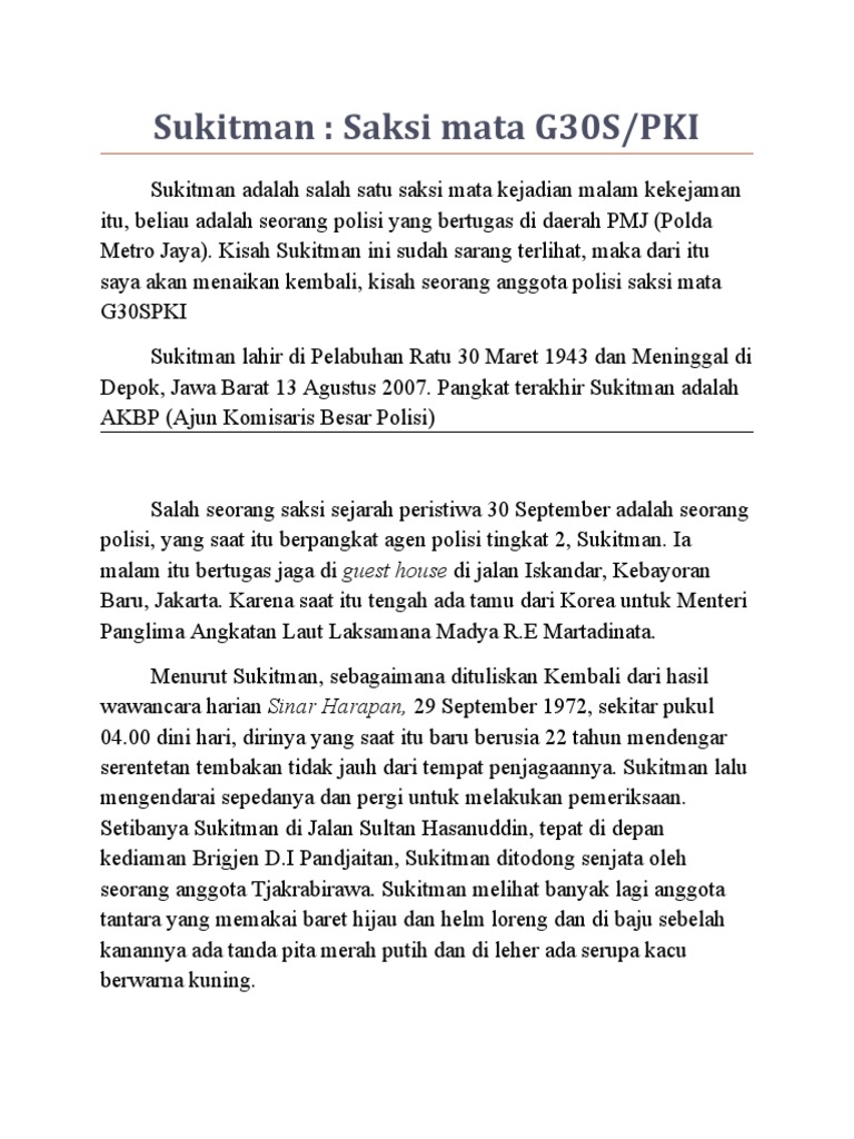 Kisah Sukitman Saksi G30S/PKI | PDF | Politik