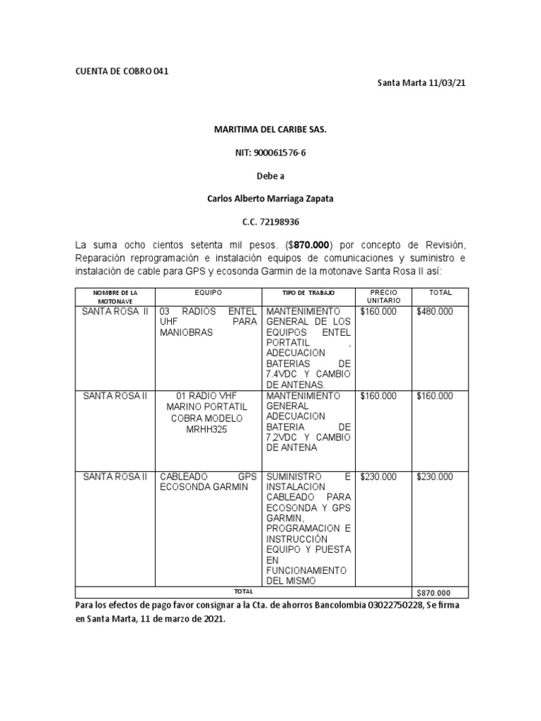 Cuenta de Cobro Maritima Portatiles y Cables Santa Rosa | PDF ...