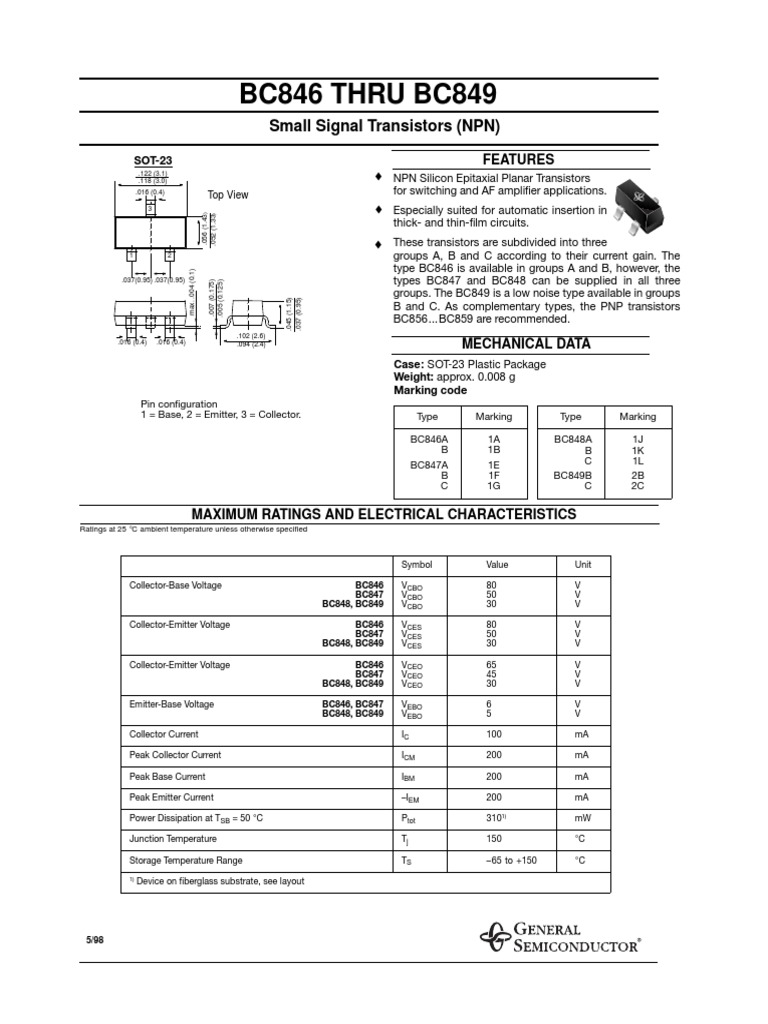 BC846 THRU BC849: Small Signal Transistors (NPN) | PDF