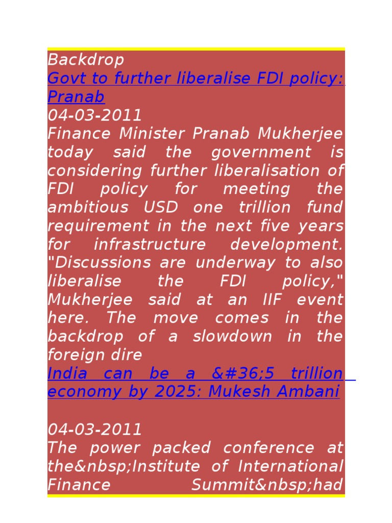 India FDI Policy Liberalization Plans | PDF | Government Budget Balance ...