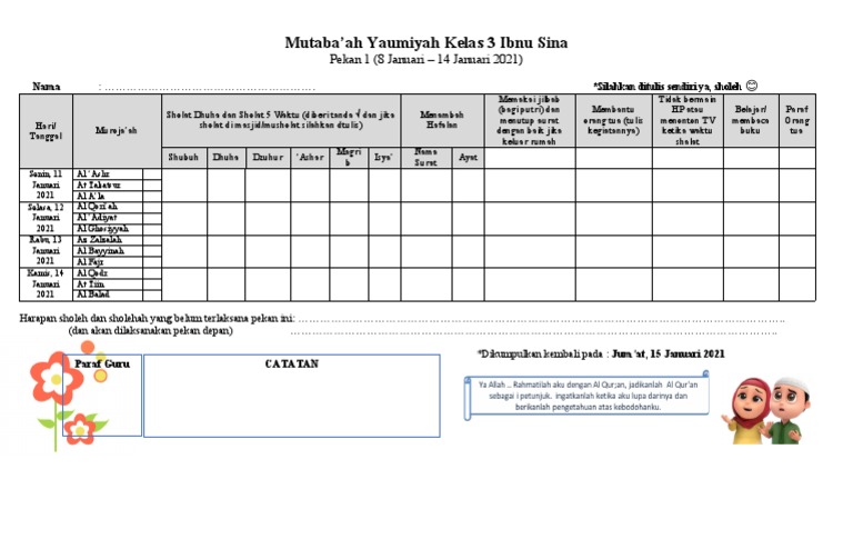 Lembar Mutaba'ah Yaumiyah Kelas 3 | PDF