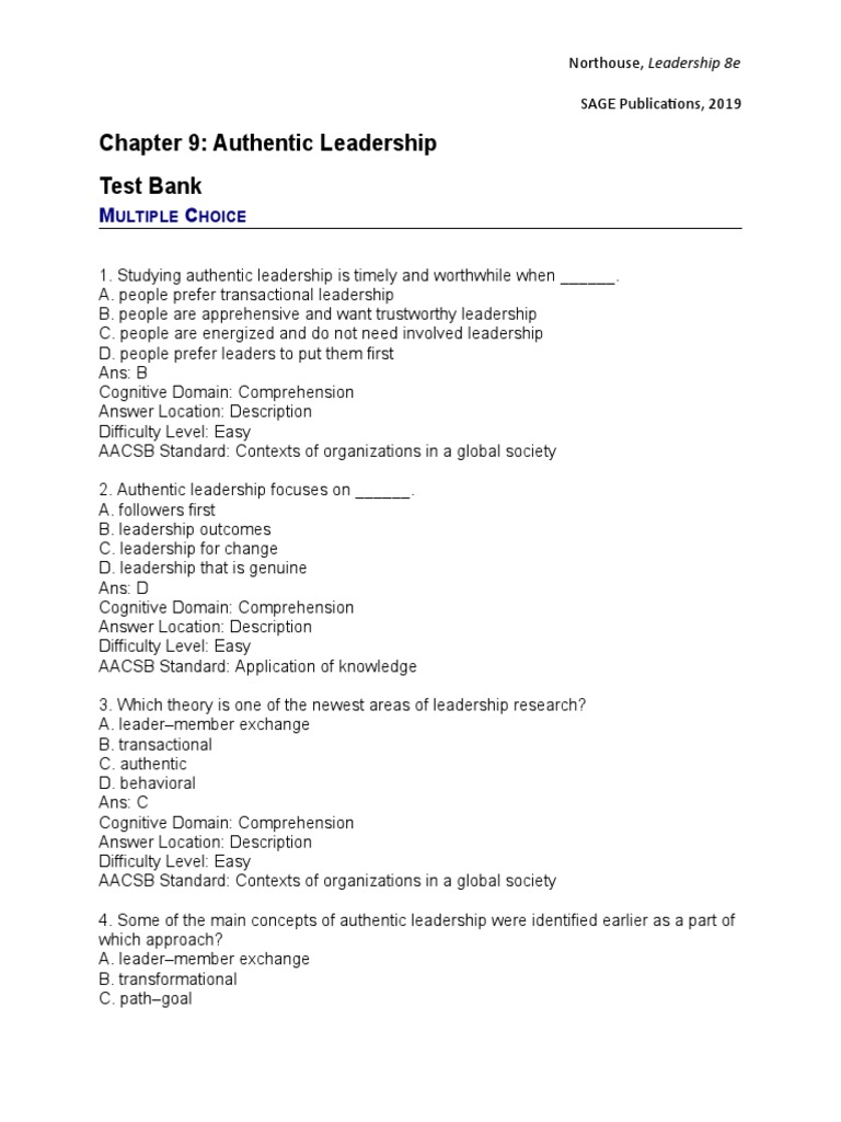 Chapter 9: Authentic Leadership Test Bank: Ultiple Hoice | PDF ...