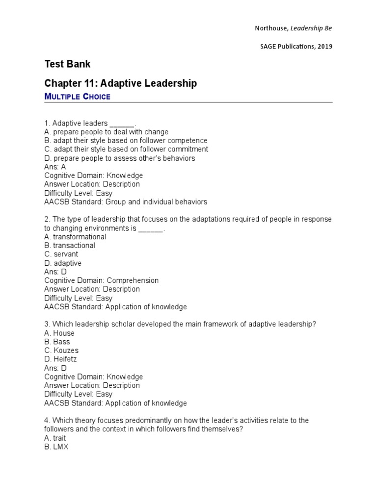 Test Bank Chapter 11: Adaptive Leadership: Ultiple Hoice | PDF ...