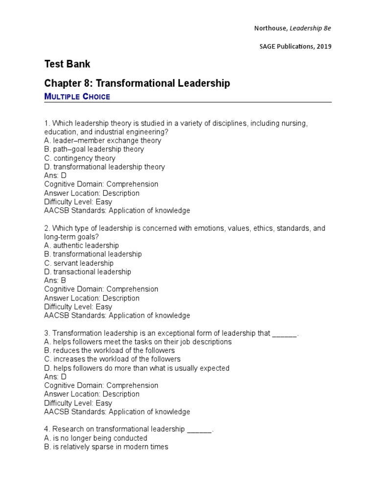 Test Bank Chapter 8: Transformational Leadership: Ultiple Hoice | PDF ...