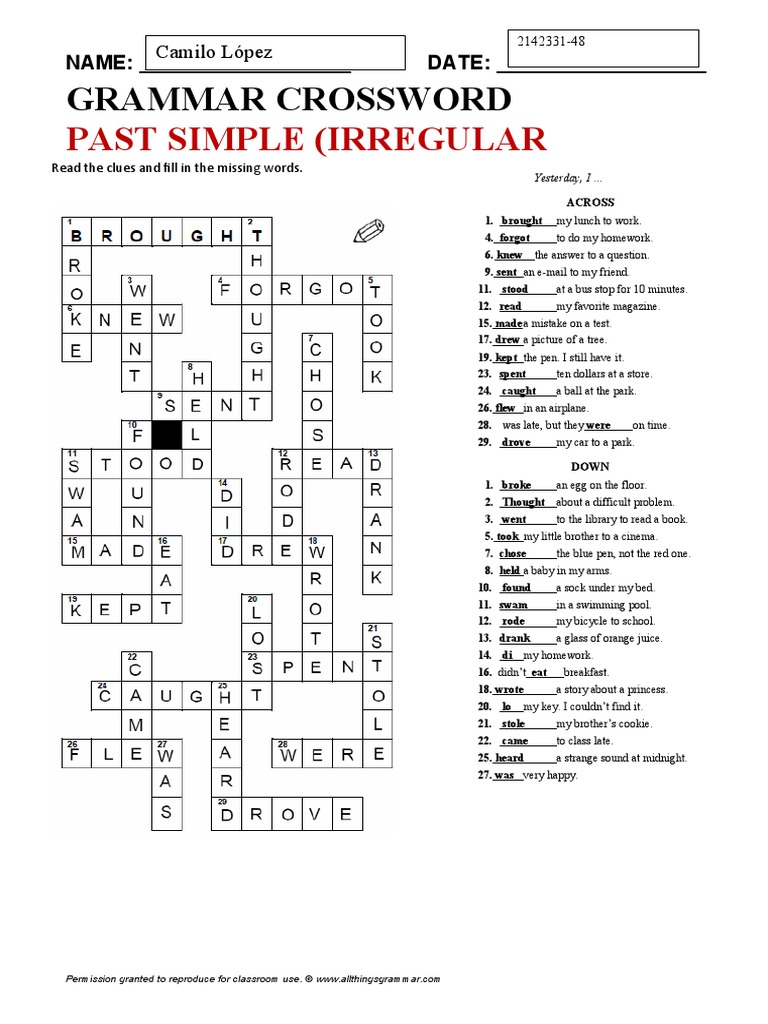 Irregular Verbs - Crossword 1. | PDF
