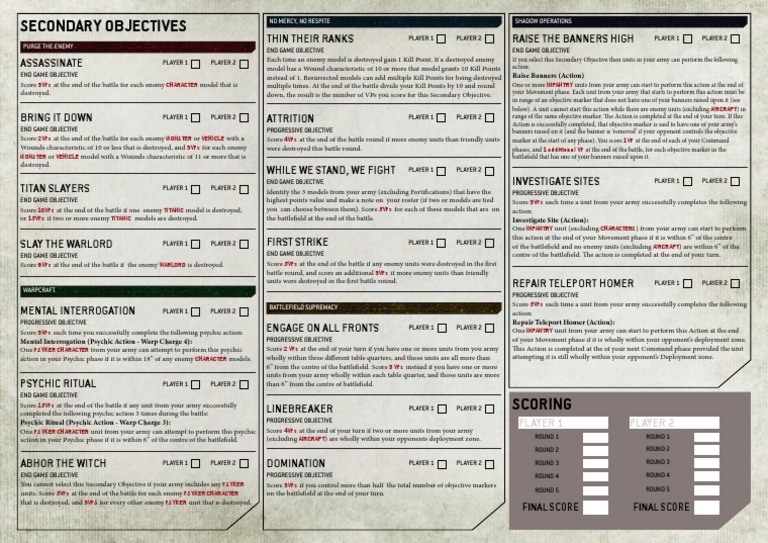 Warhammer 9th Edition Secondaries Reference Sheet | PDF | Battles ...