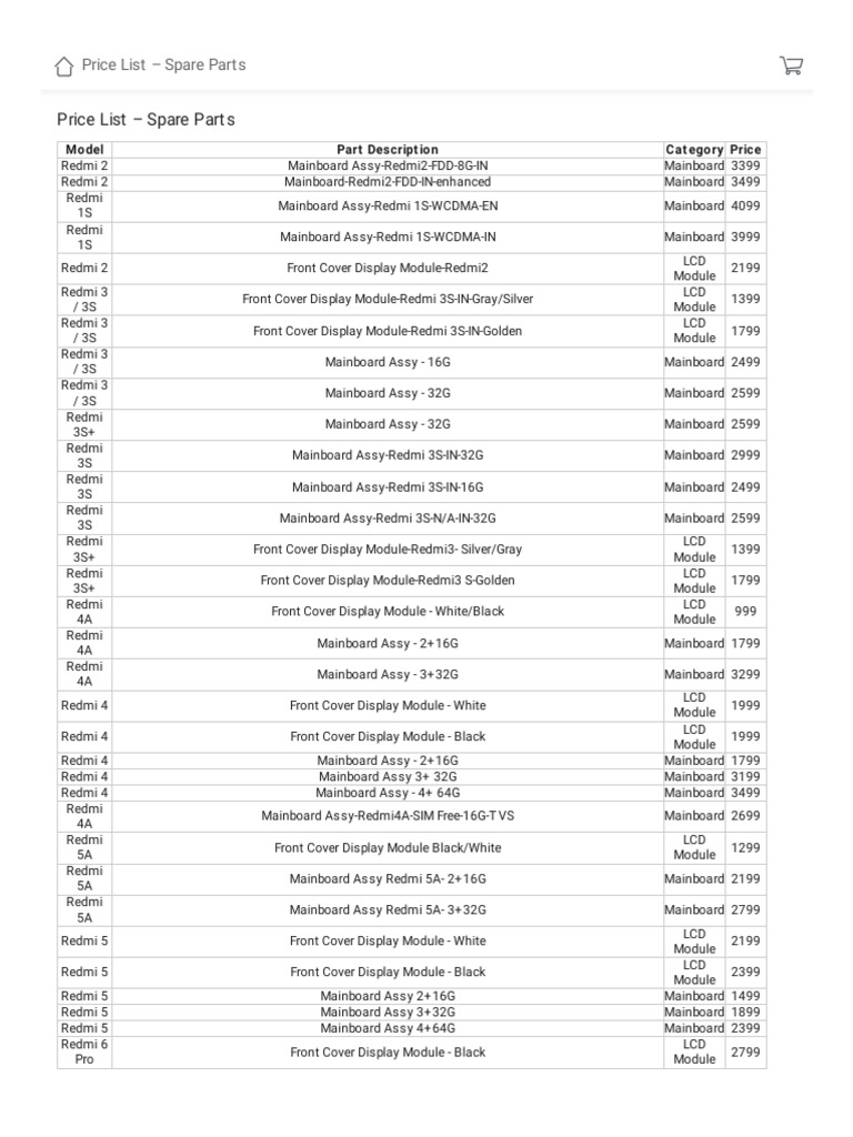 Price List - Spare Parts | PDF | Videotelephony | Consumer Electronics