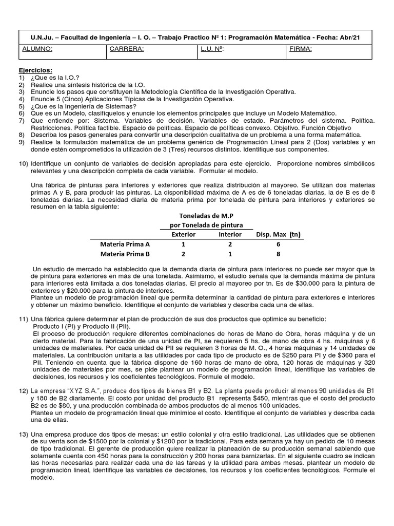 TP1-2021 Programacion Matematica | Descargar gratis PDF | Vino | Programación lineal