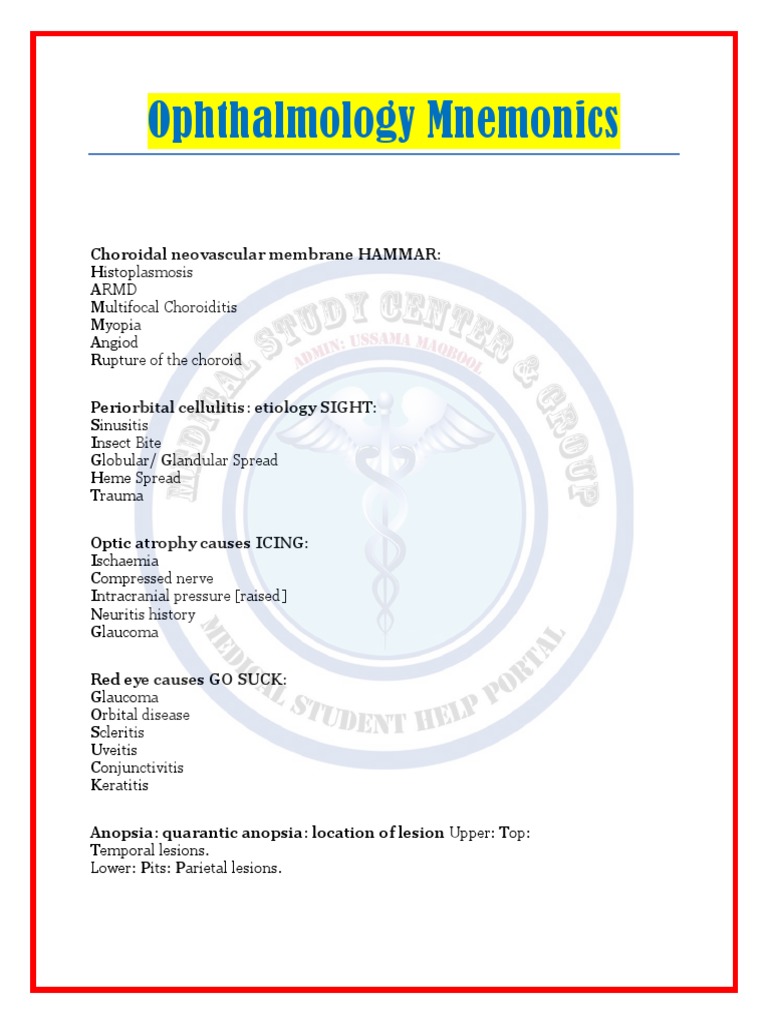 Opthamology Mnemonics | PDF | Glaucoma | Cataract