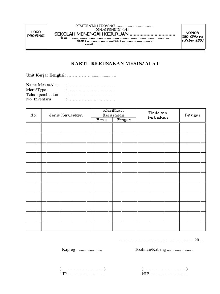 Kartu Kerusakan Mesin dan Alat | PDF