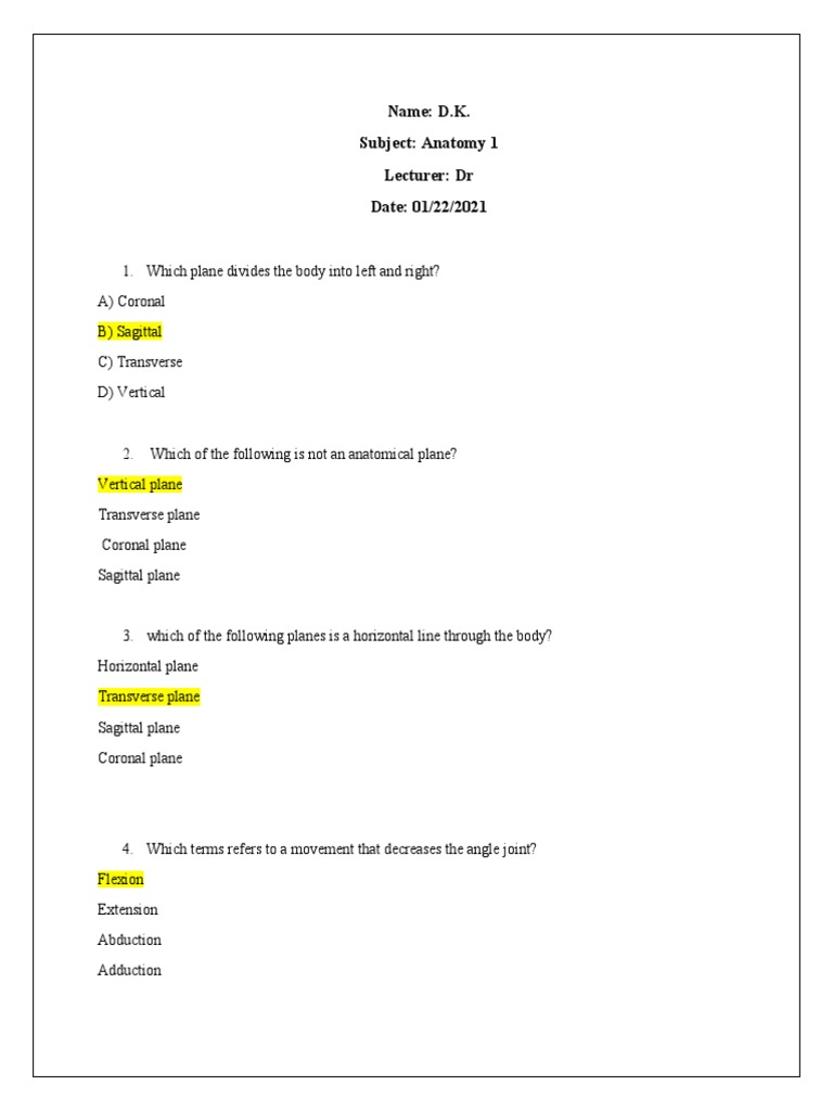 Questions About Anatomy Exam 2009, questions and answers - Human ...