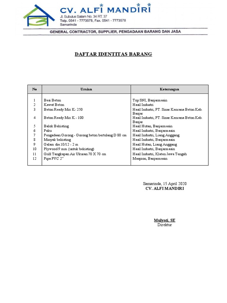 SPEK Dan ID Barang CV - ALFI | PDF
