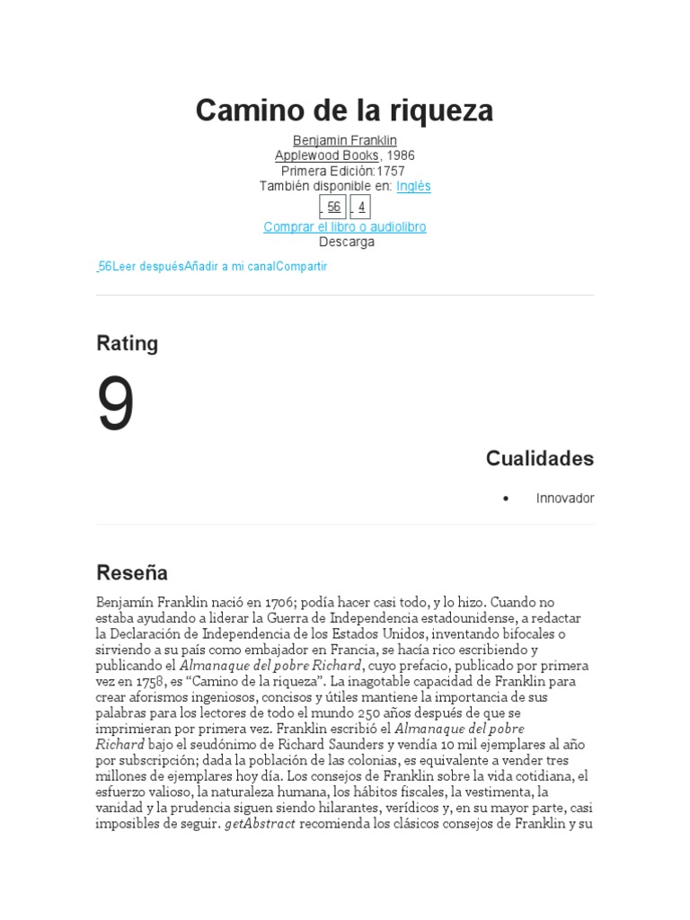 Camino de La Riqueza | PDF | Benjamin Franklin | Deuda