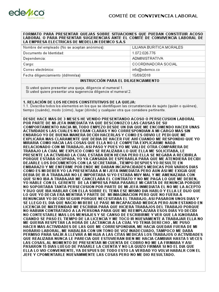 Formato Quejas Comite de Convivencia Laboral | PDF