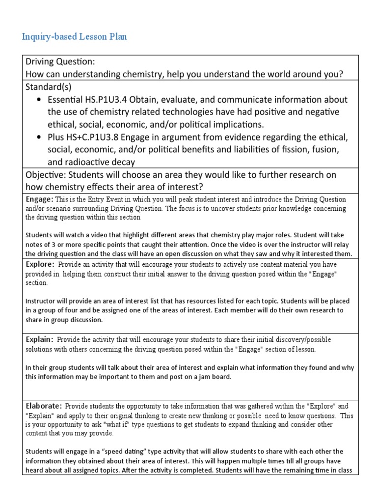 Inquiry-Based Lesson Plan Rough Draft 1 | PDF | Inquiry Based Learning ...