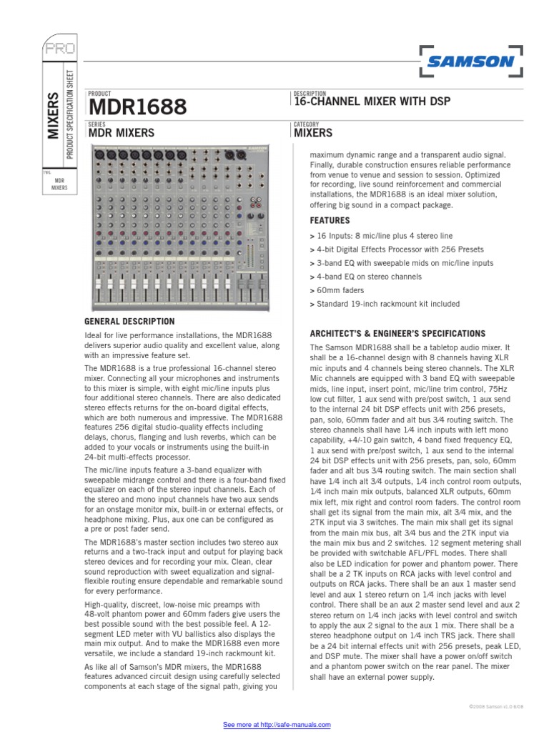 16-Channel Mixer With DSP MDR Mixers Mixers: Features | PDF ...