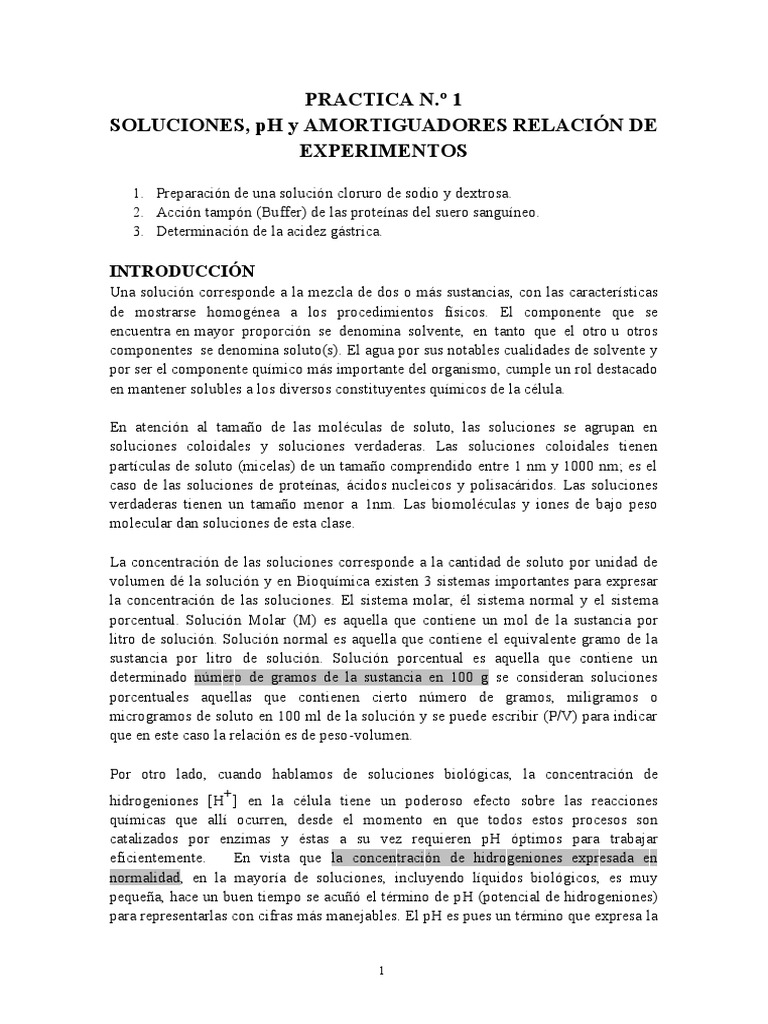 Practica 1 SOLUCIONES, PH y AMORTIGUADORES | PDF | Ph | Concentración