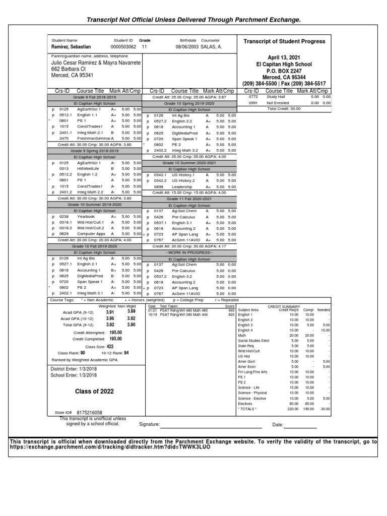 Transcript Not Official Unless Delivered Through Parchment Exchange ...