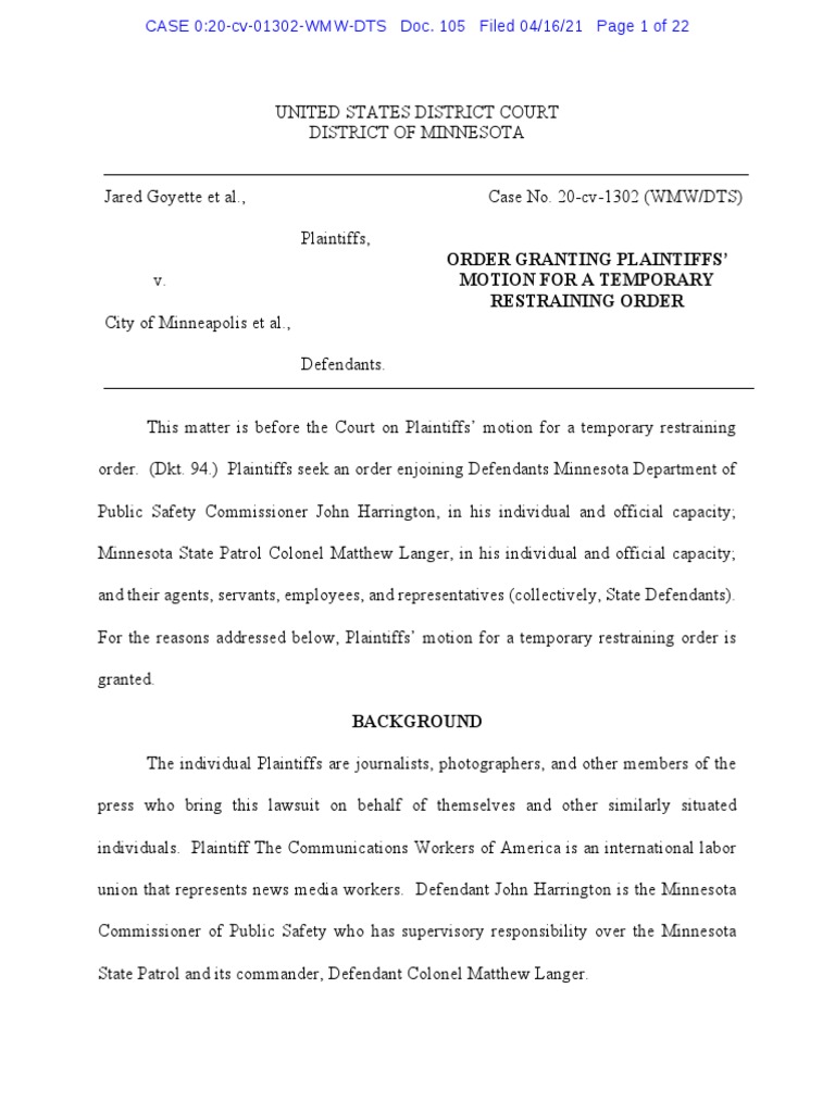 Order Granting Plaintiffs Motion For A Temporary Restraining Order