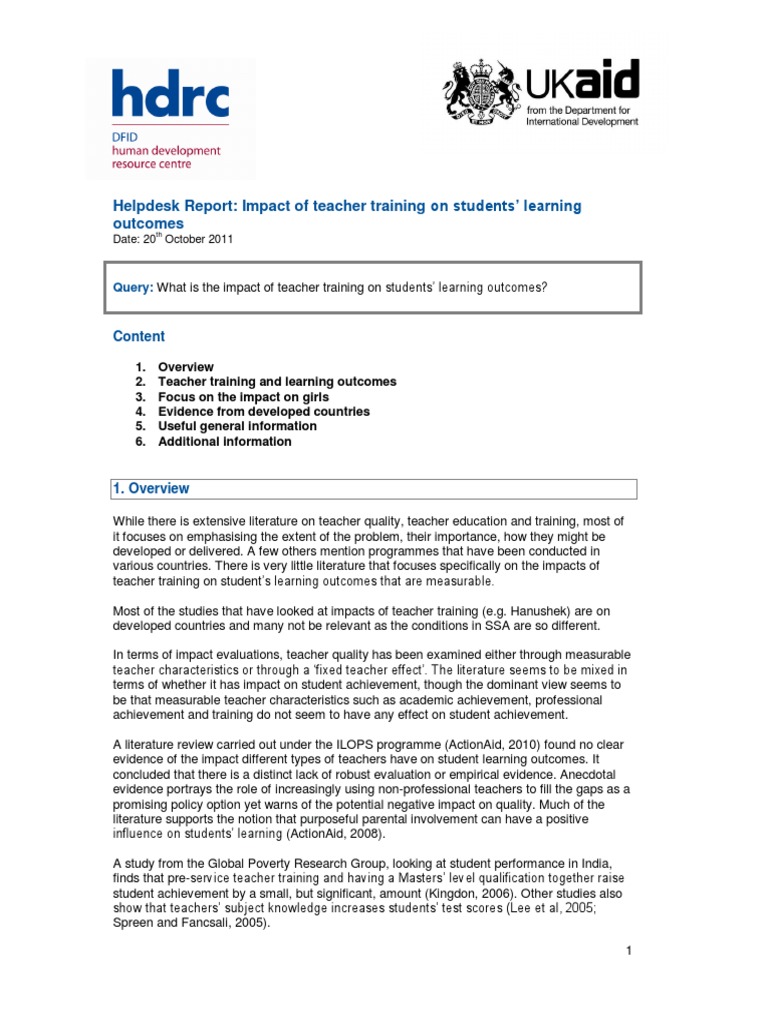 Impact of Teacher Training On Learning Outcomes October 2011 | PDF ...